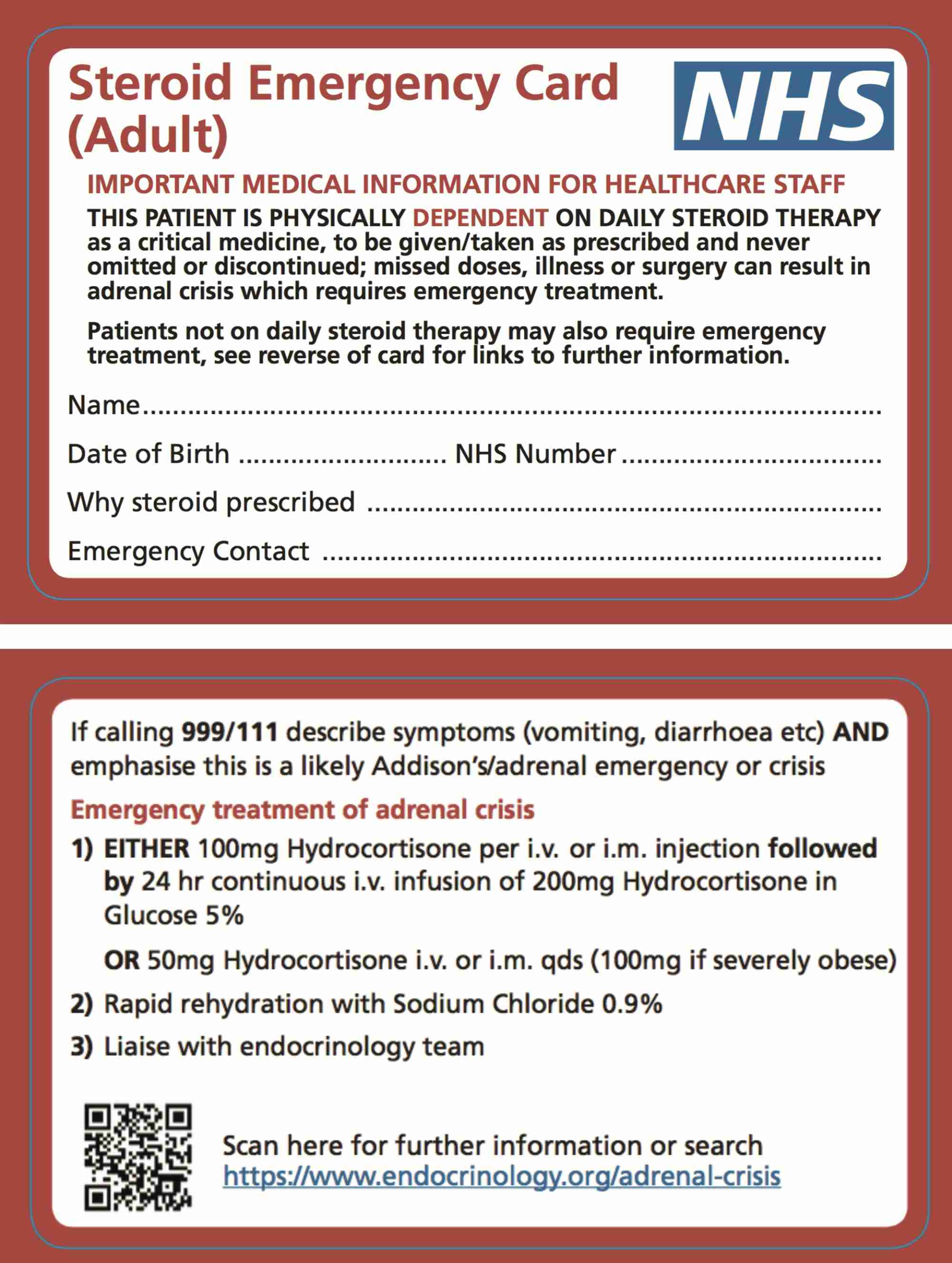 NEW! Adult NHS Emergency Steroid Card | Society for Endocrinology
