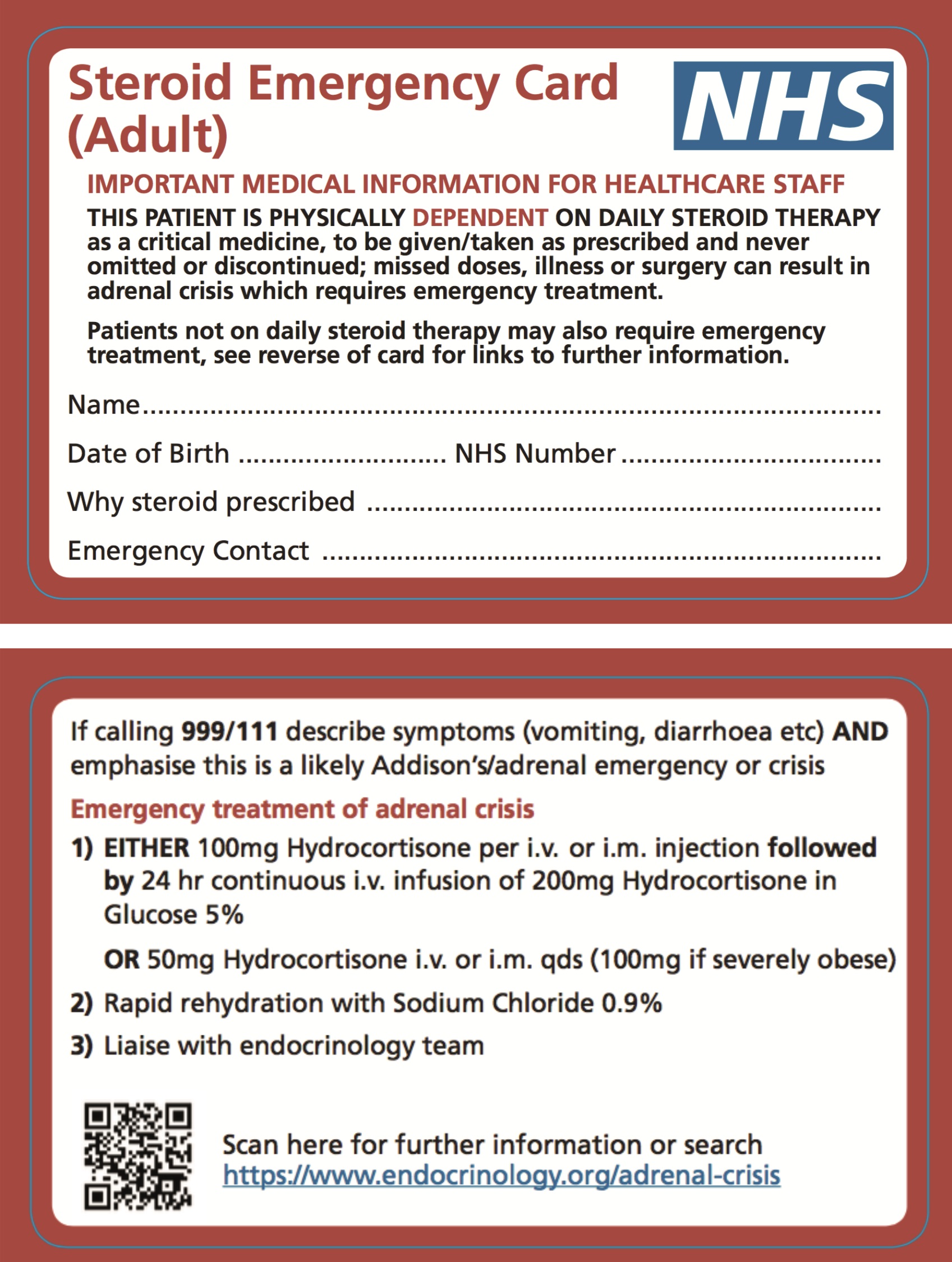 NEW Adult NHS Emergency Steroid Card Society For Endocrinology